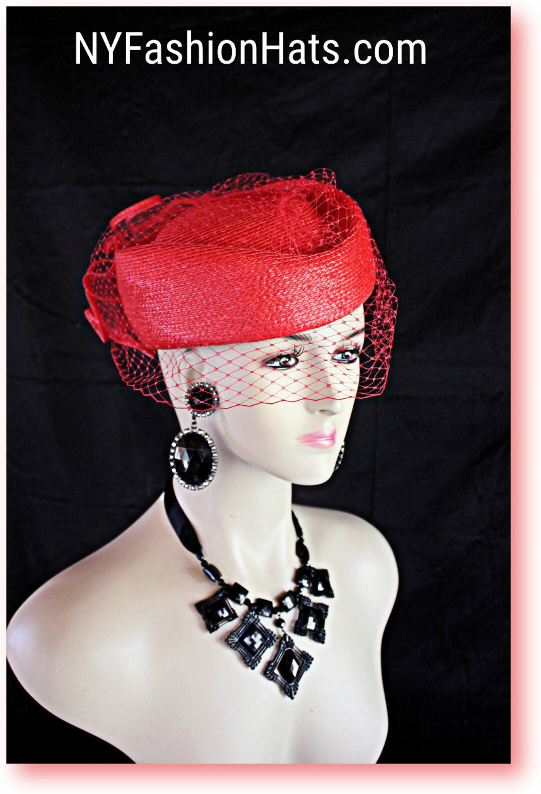 Red Pillbox Formal Fashion Hat With A Veil, Couture Designer Hats ...