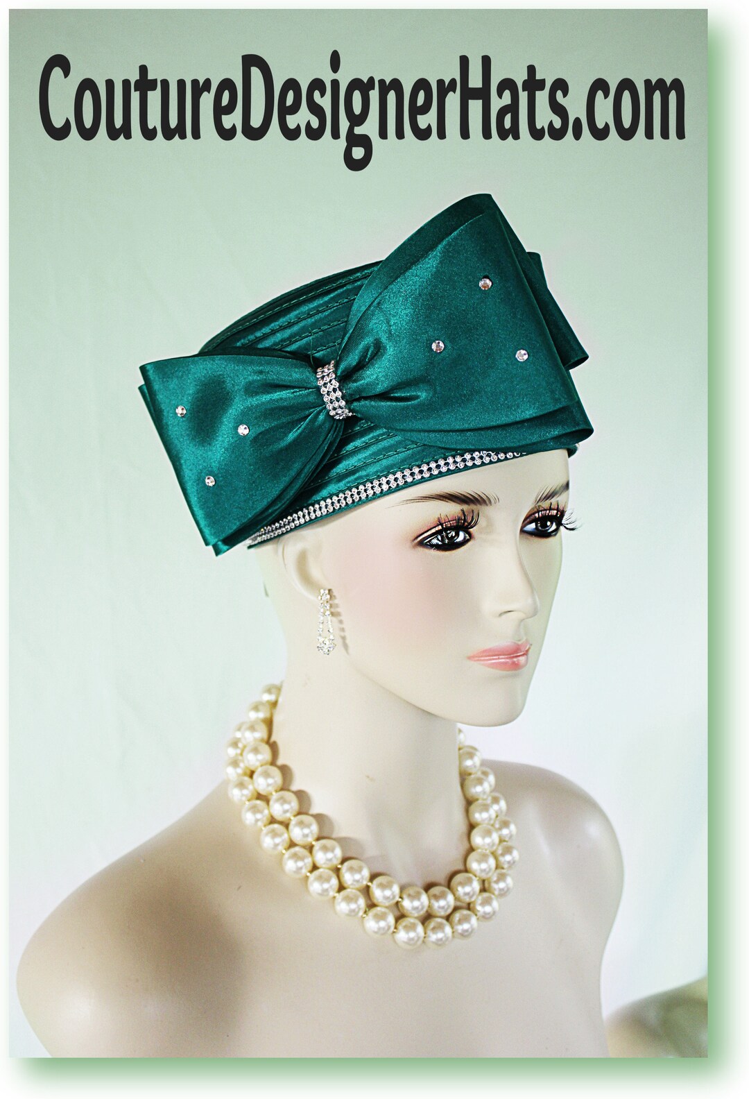 Classic Green Satin Pillbox Formal Church Temple Hat, Couture Hats for ...