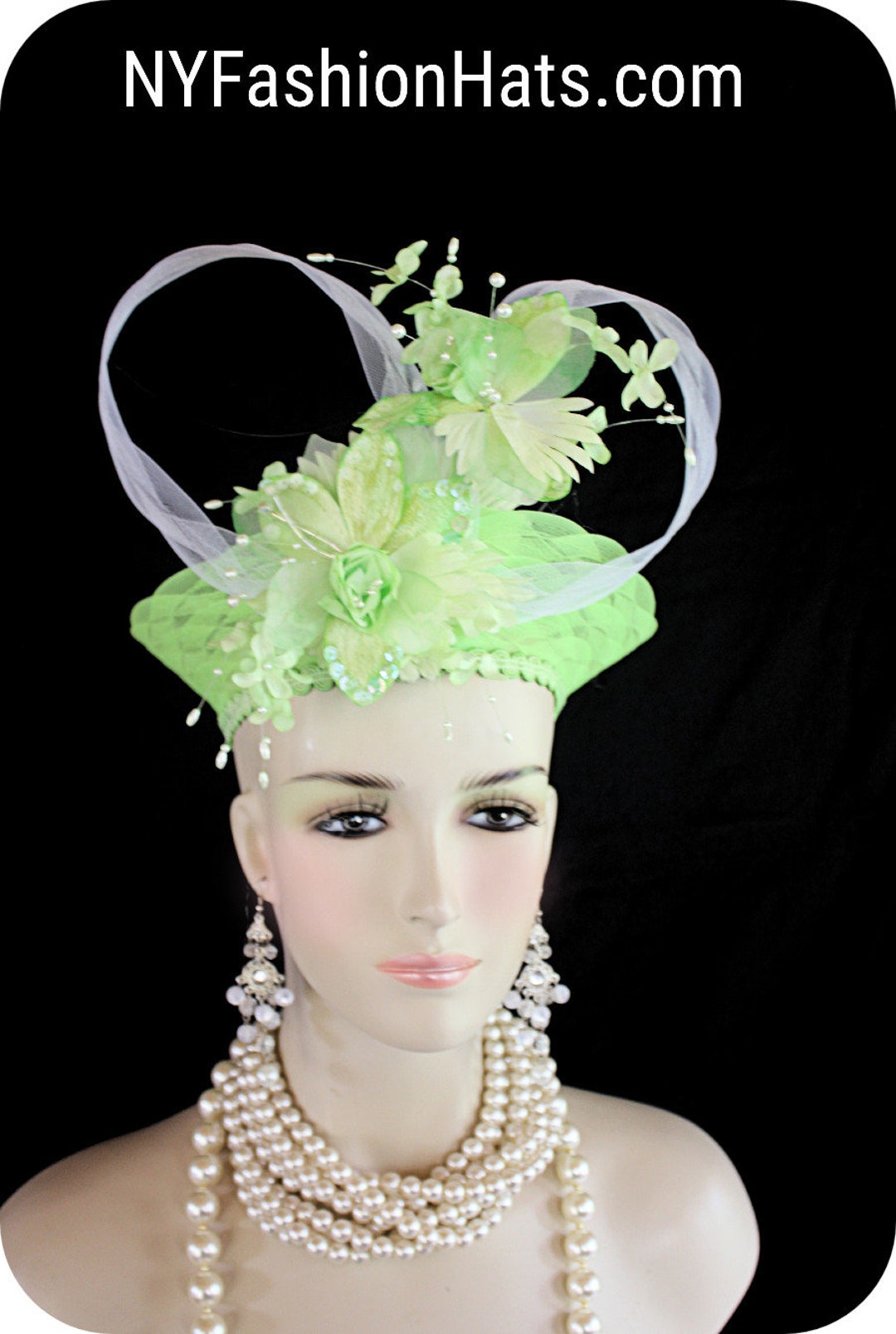 Women's Lime Apple Green White Crownless Hat, Formal Wedding Bridal ...