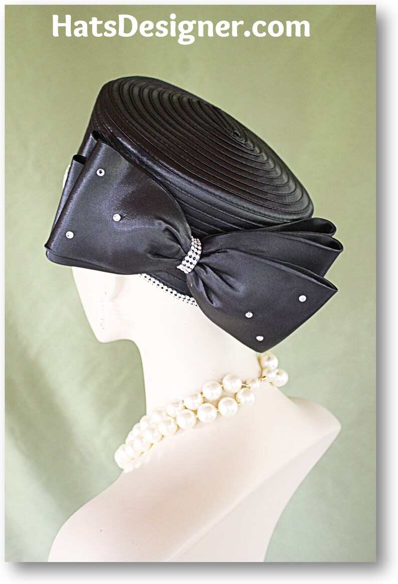 Black Satin Pillbox Formal Church Temple Wedding Hat, Couture Hats for ...