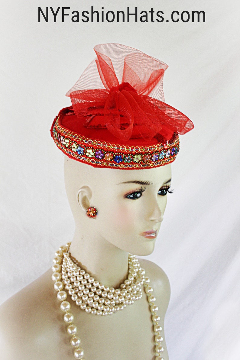 Formal Red Satin Handmade Vintage Style Pillbox Wedding Hat, Beaded ...
