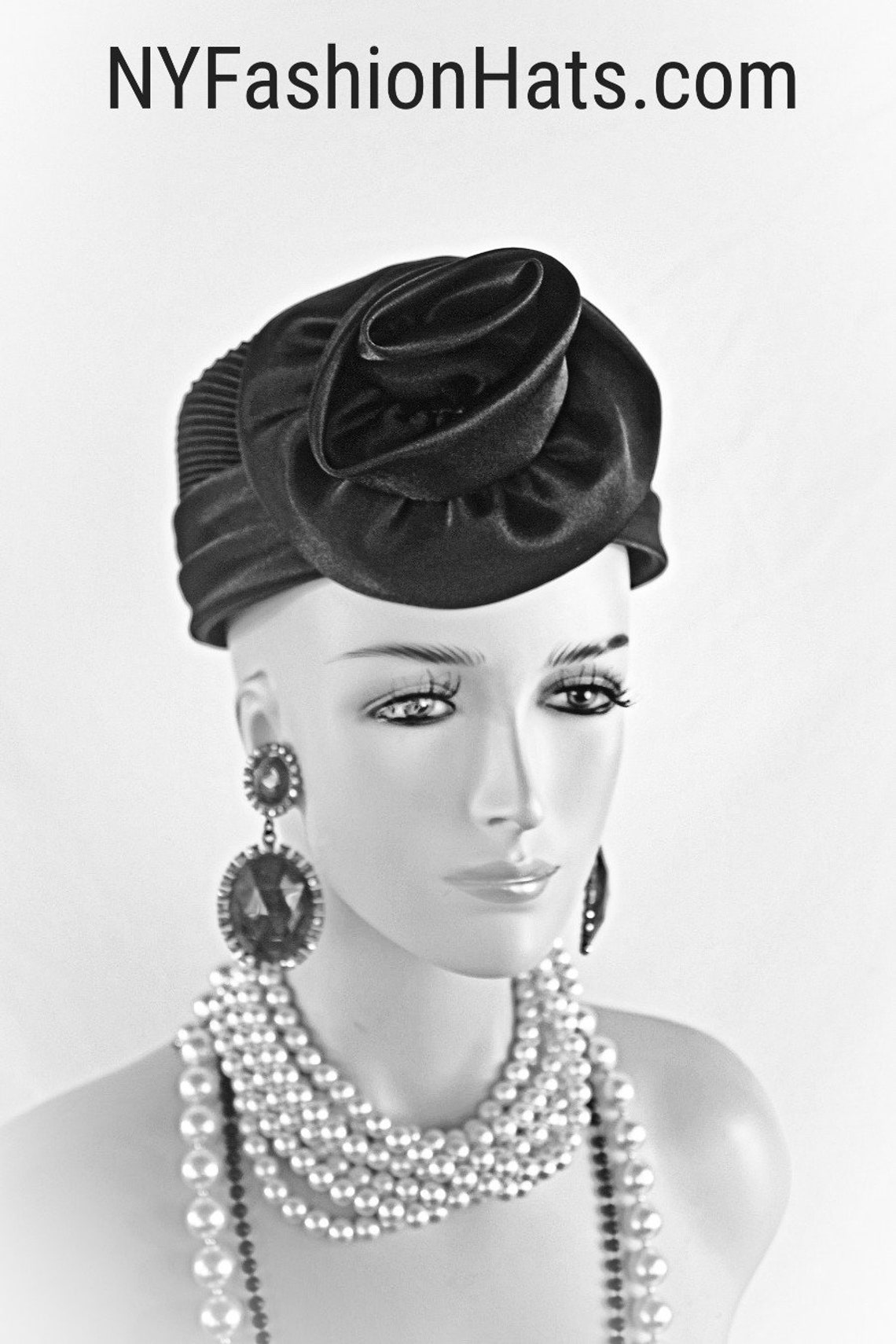 Black Satin Pillbox Formal Church Temple Hat, Couture Designer Wedding ...