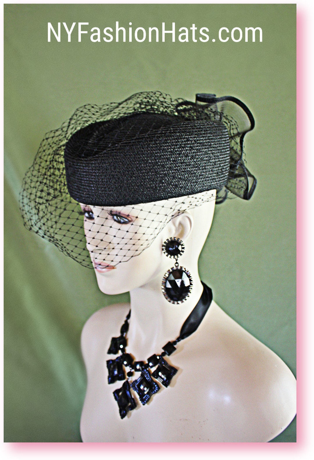 Black Pillbox Formal Fashion Hat With A Veil, Couture Designer Hats ...