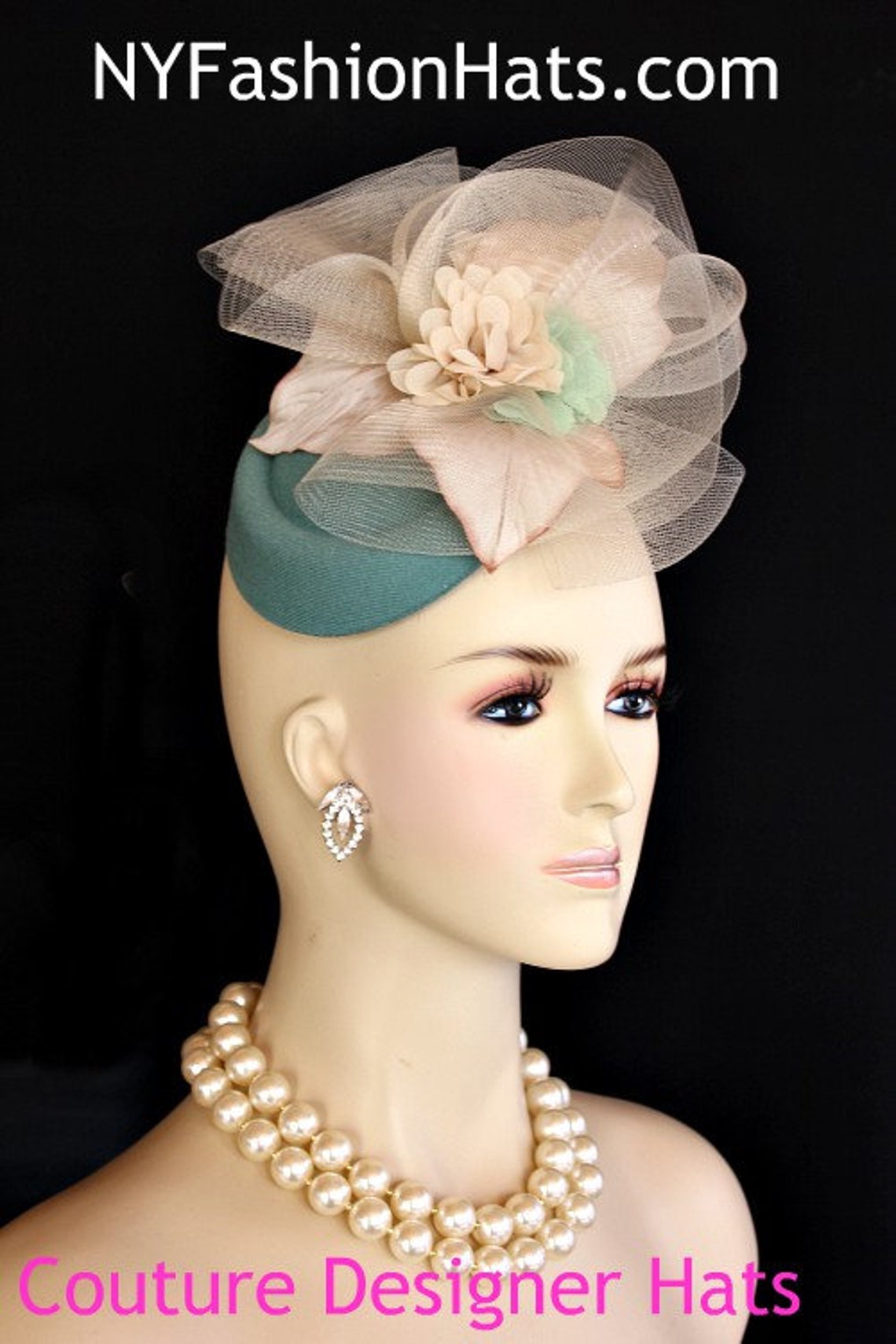 Women's Couture Designer Jade Green Beige Winter Felt Cocktail Hat ...
