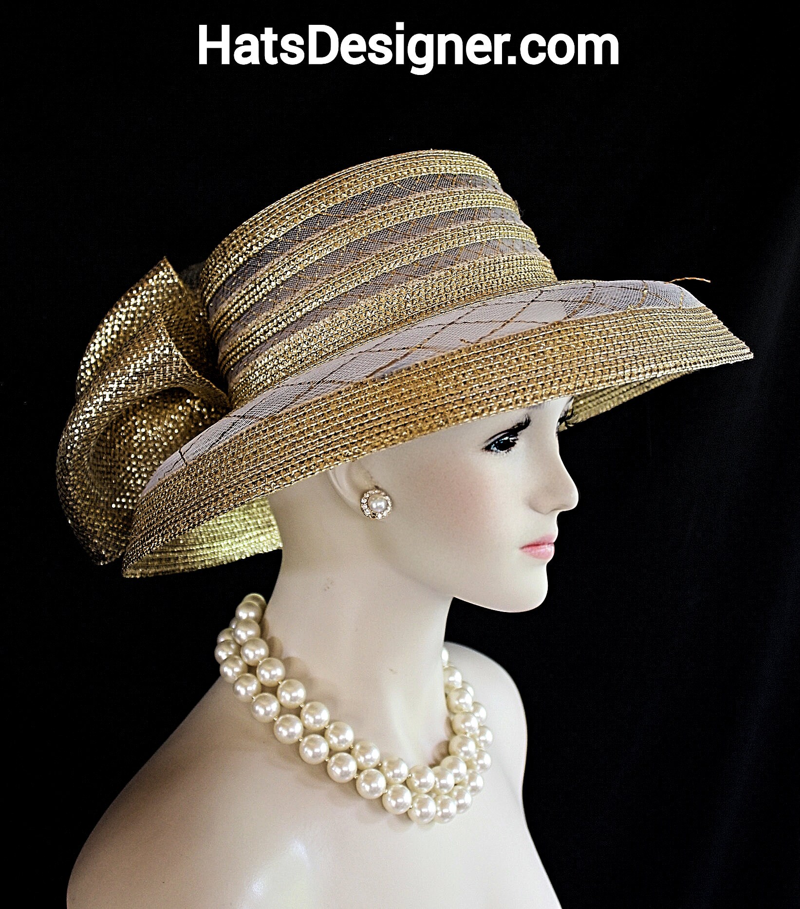 Avant Garde Metallic Gold Hat Women, Formal Big Brim Holiday Dress Hat ...