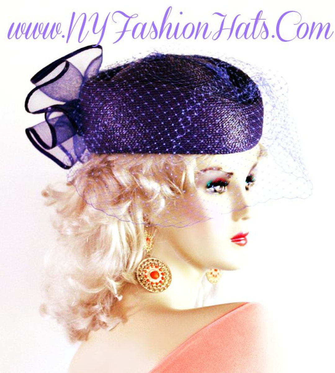 Purple Pillbox Formal Fashion Hat With A Veil, Couture Designer Hats ...