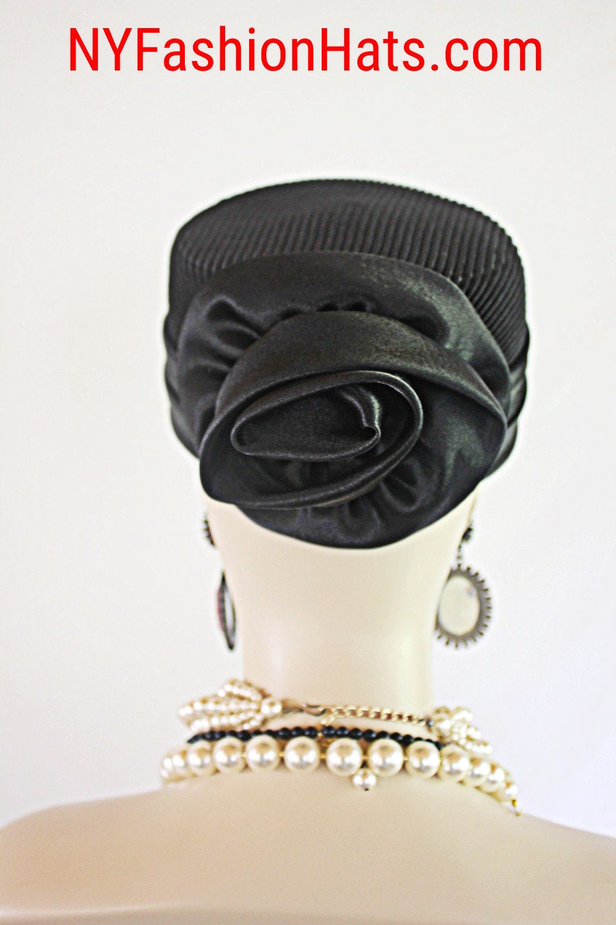 Black Satin Pillbox Formal Church Temple Hat, Couture Designer Wedding ...