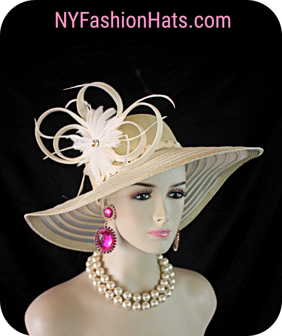 Beige Wide Sheer Brim Wedding Bridal Hat, Women's Couture Designer Hats ...