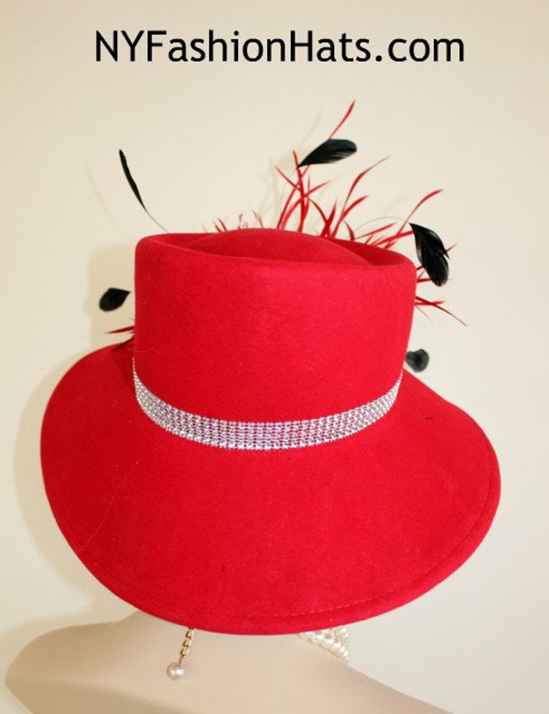 Haute Couture Red Luxury Winter Wool Abstract Wide Brim Hat, Motf ...