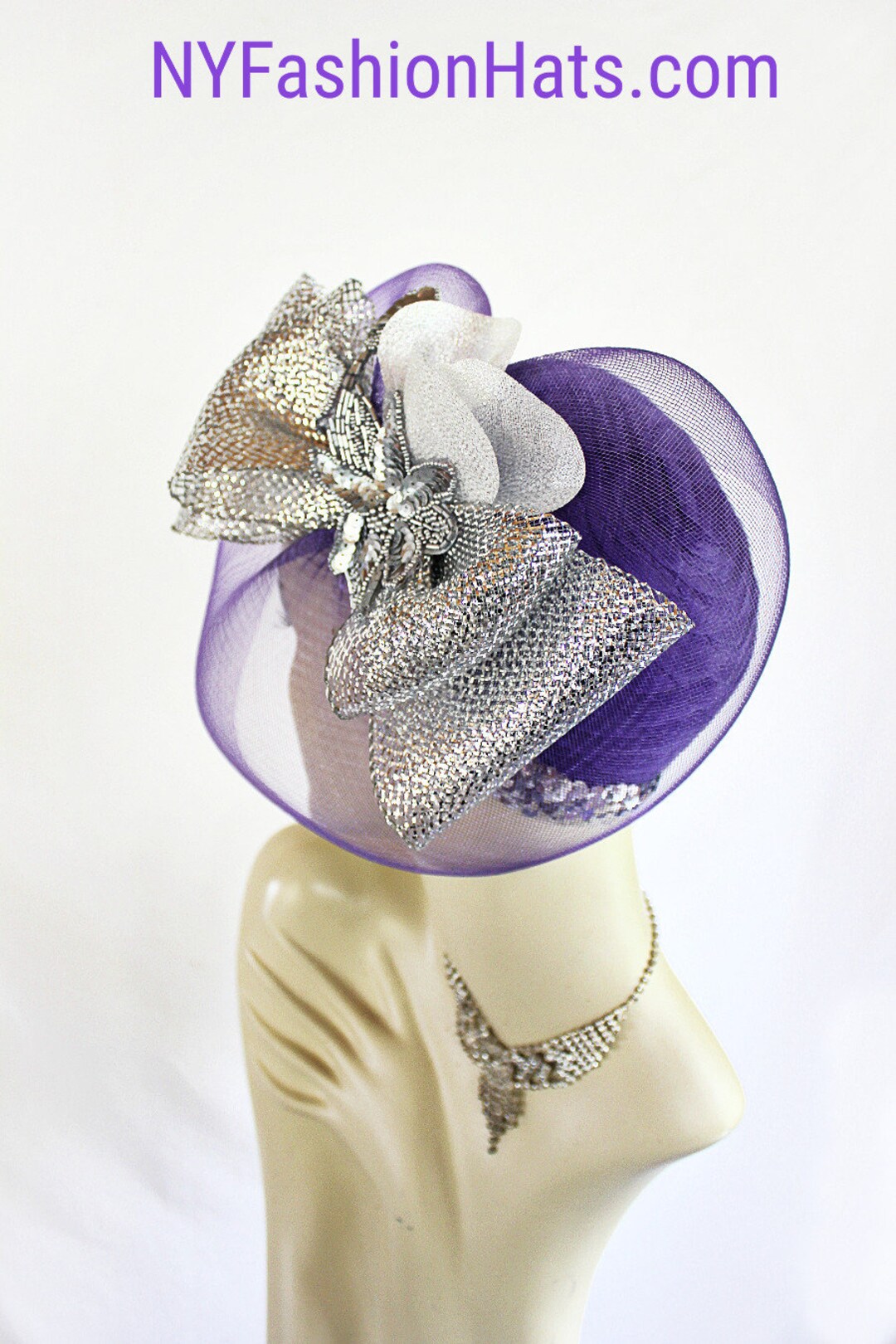 Purple Metallic Silver Pillbox Formal Wedding Bridal Hat, Cocktail Hat ...