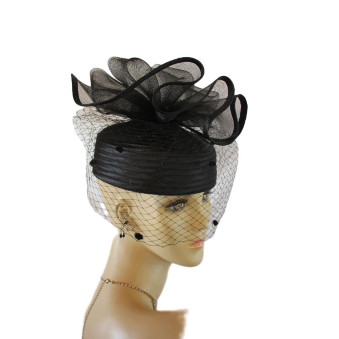 Black Satin Birdcage Veil Pillbox Hat, Bridal Wedding Cocktail Hat ...