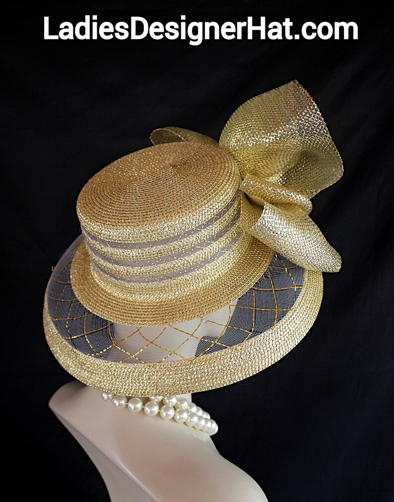 Avant Garde Metallic Gold Hat Women, Formal Big Brim Holiday Dress Hat ...