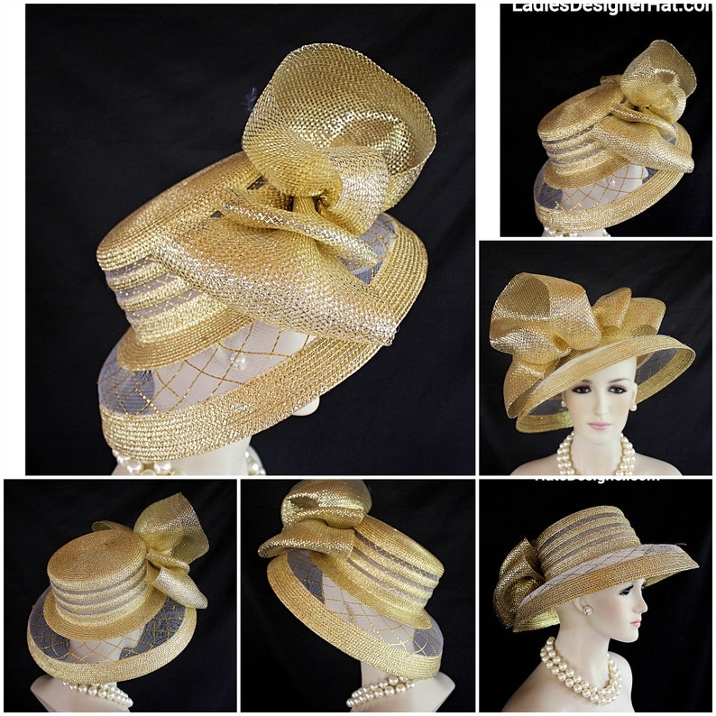 Avant Garde Metallic Gold Hat Women, Formal Big Brim Holiday Dress Hat ...
