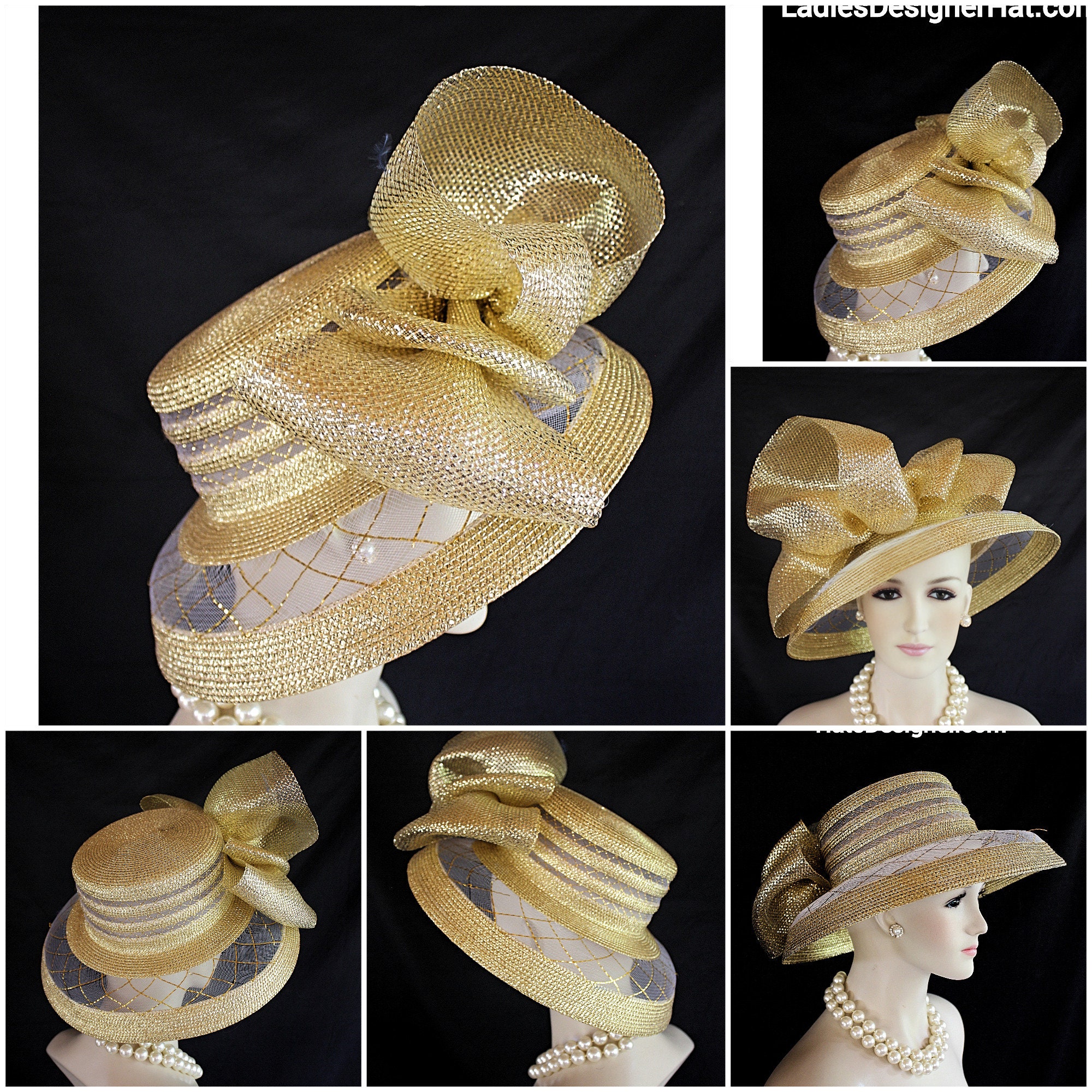 Avant Garde Metallic Gold Hat Women, Formal Big Brim Holiday Dress Hat ...