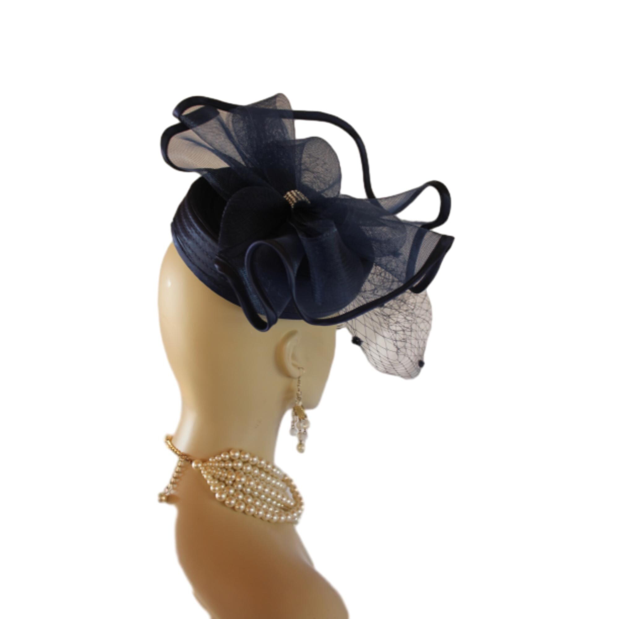 Navy Blue Satin Birdcage Veil Pillbox Hat, Bridal Wedding Cocktail Hat ...