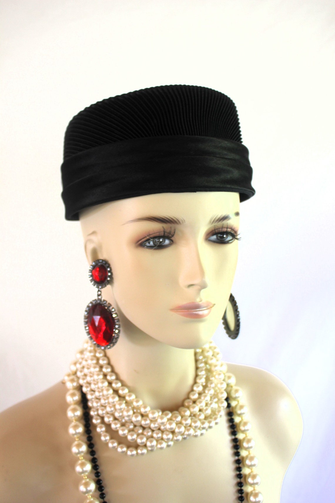 Black Satin Pillbox Formal Church Temple Hat, Couture Designer Wedding ...