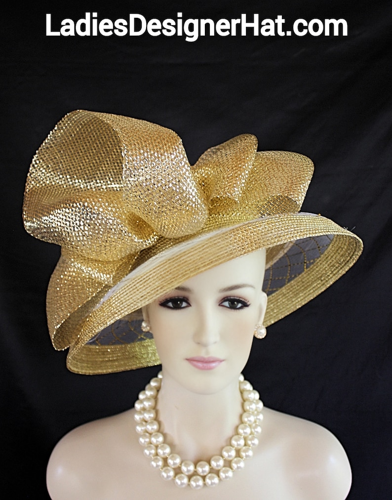 Avant Garde Metallic Gold Hat Women, Formal Big Brim Holiday Dress Hat ...