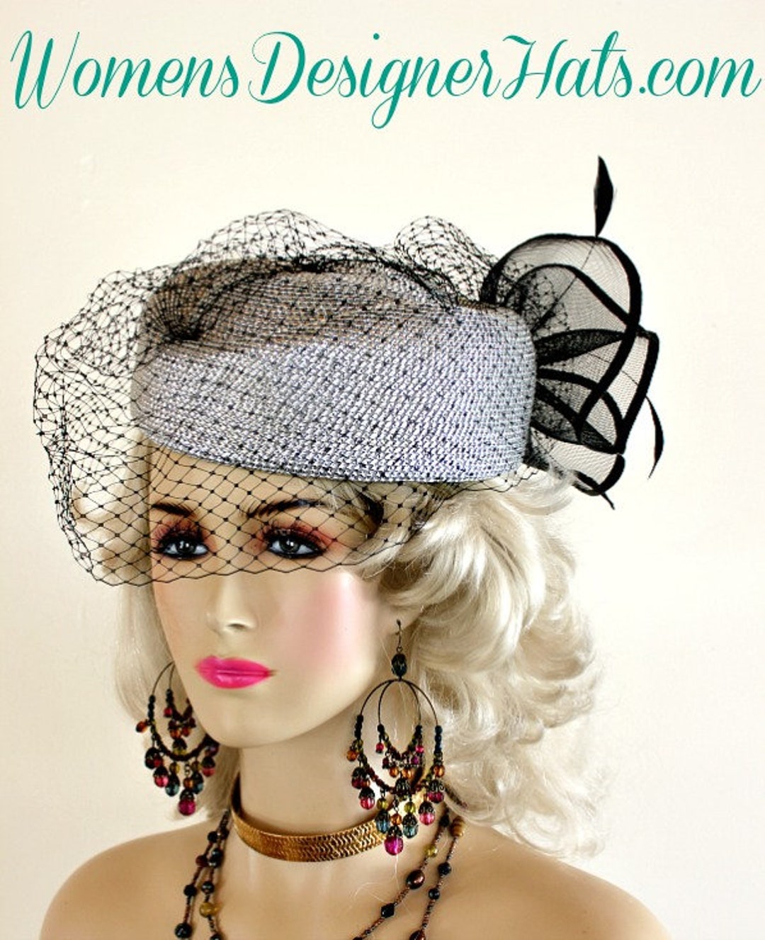 Silver Grey Pillbox Hat Black Birdcage Veil Bow, Mother of the Bride ...
