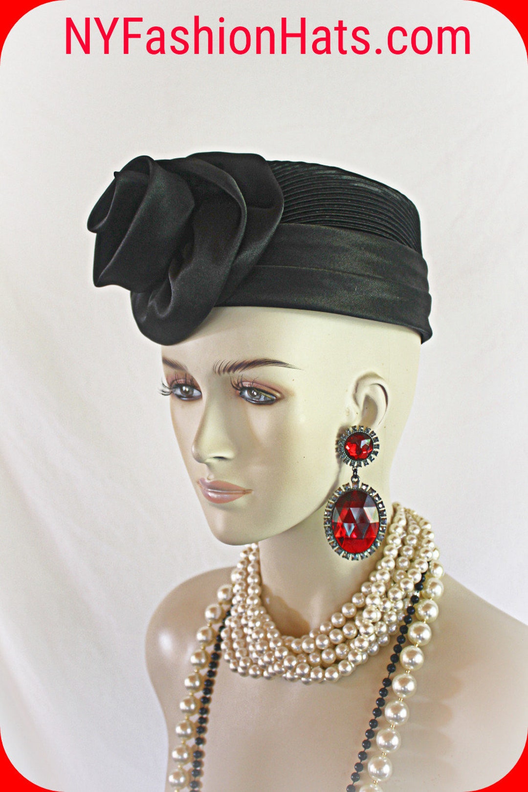 Black Satin Pillbox Formal Church Temple Hat, Couture Designer Wedding ...