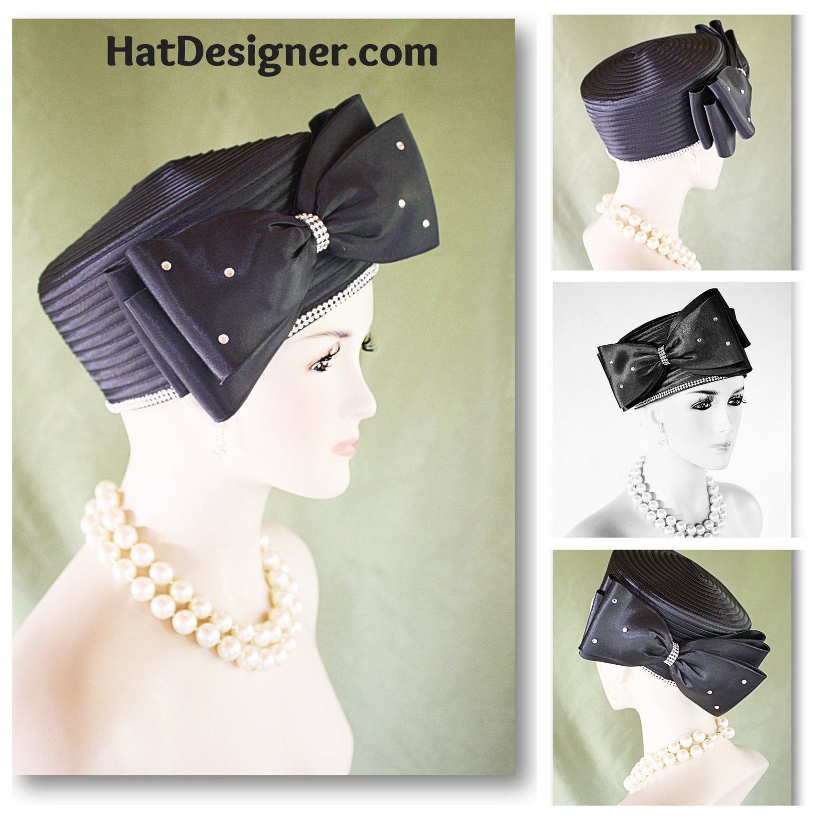 Black Satin Pillbox Formal Church Temple Wedding Hat, Couture Hats for ...