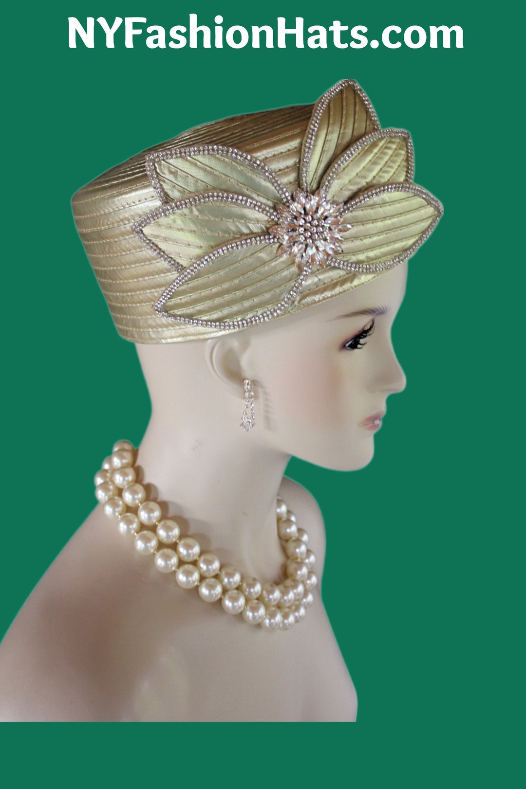 Classic Metallic Gold Satin Pillbox Formal Church Temple Hat, Couture ...