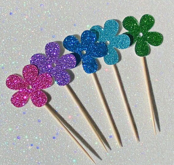 Glitter Flower Cupcake Topper Colorful Spring Flower Cupcake - Etsy