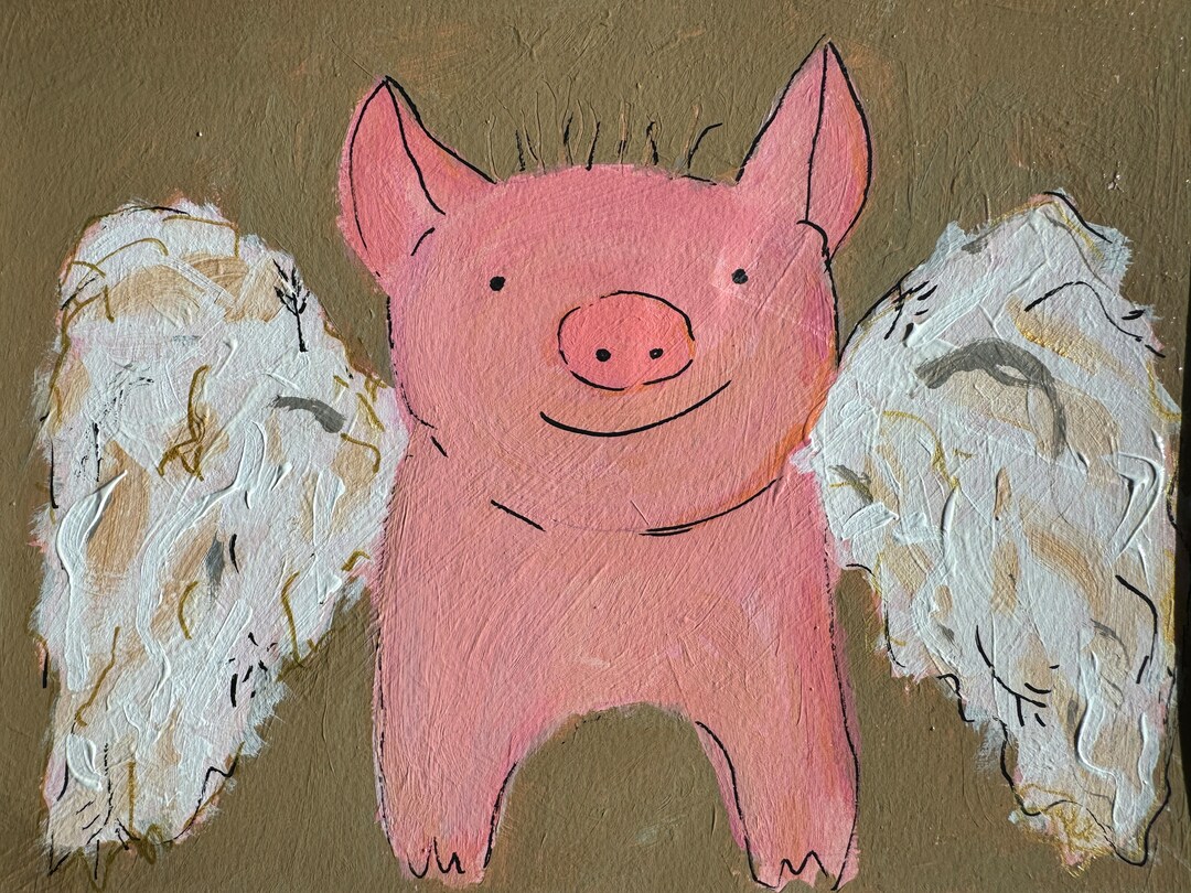 New “pax, a Pink Flying Pig", Acrylic Painting on Paper (9" 12 ...