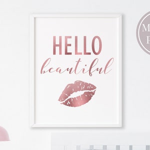 Hello Beautiful Rose Gold Wall Decor Mailed Print, Bedroom Art ...