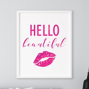 Hello Beautiful Printable, Hot Pink Watercolor Lips Wall Art, Bedroom ...