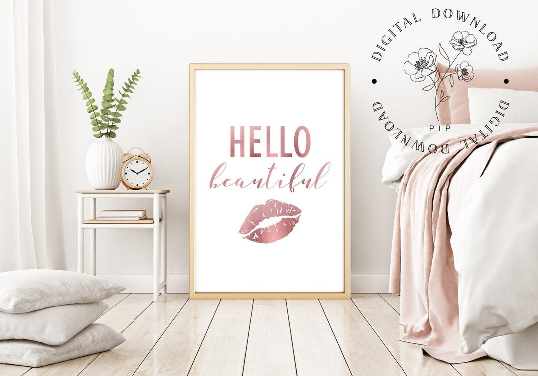 Hello Beautiful Wall Decor Printable, Rose Gold Bedroom Decor, Bathroom ...