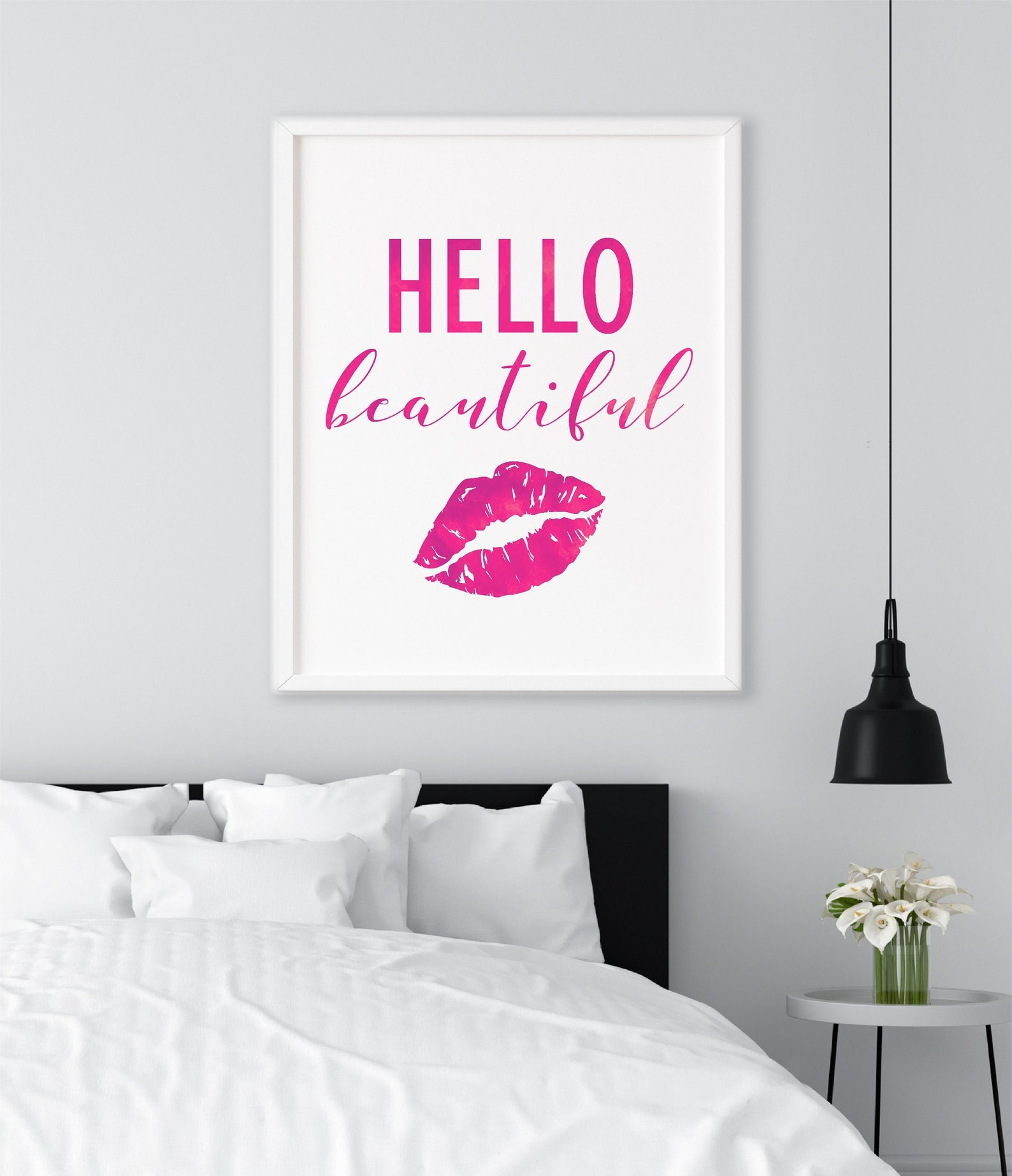 Hello Beautiful Printable Hot Pink Watercolor Lips Wall Art - Etsy