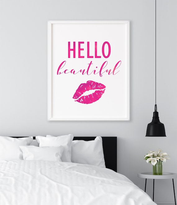 Hello Beautiful Printable Hot Pink Watercolor Lips Wall Art | Etsy
