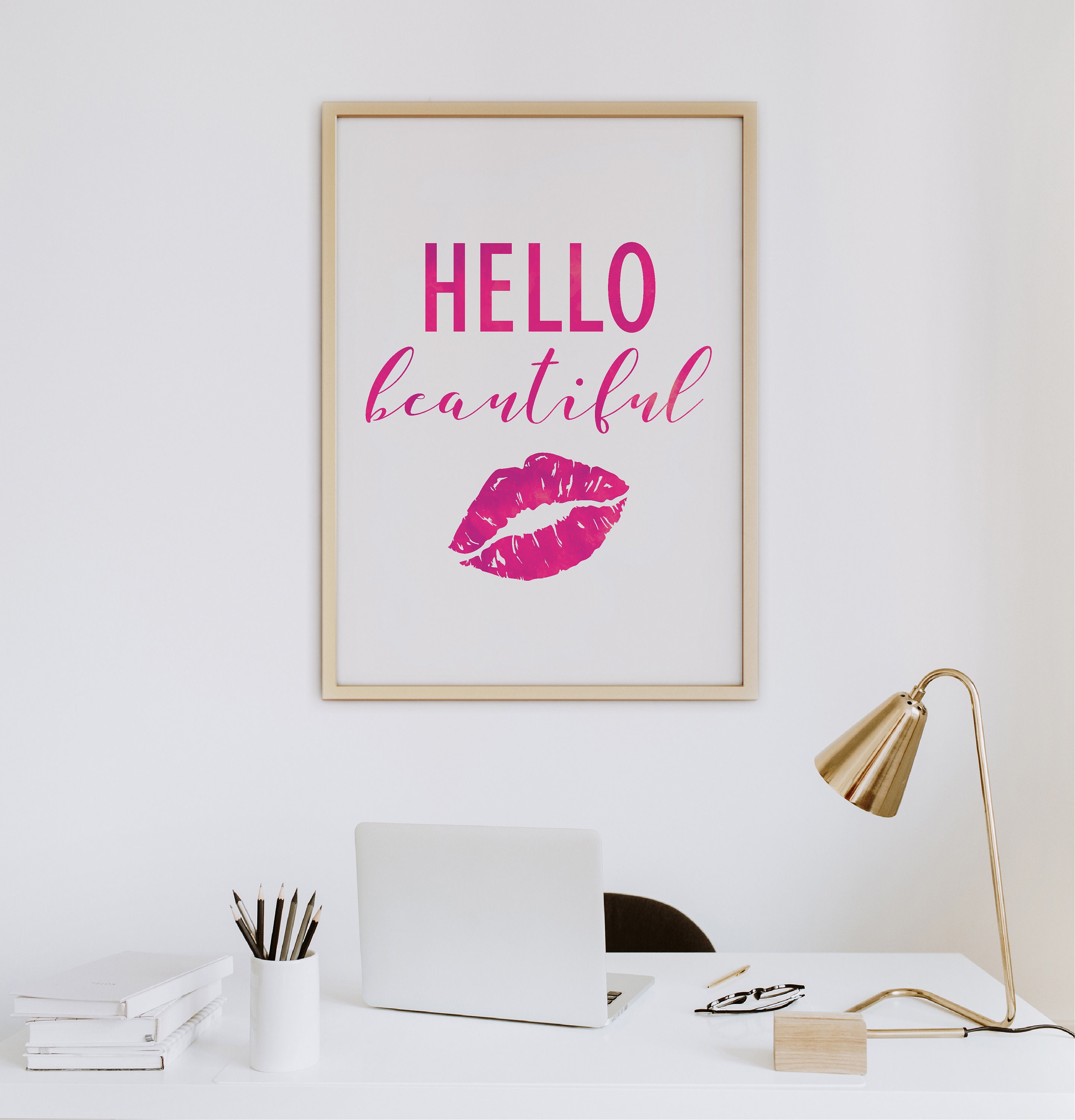 Hello Beautiful Printable Hot Pink Watercolor Lips Wall Art - Etsy