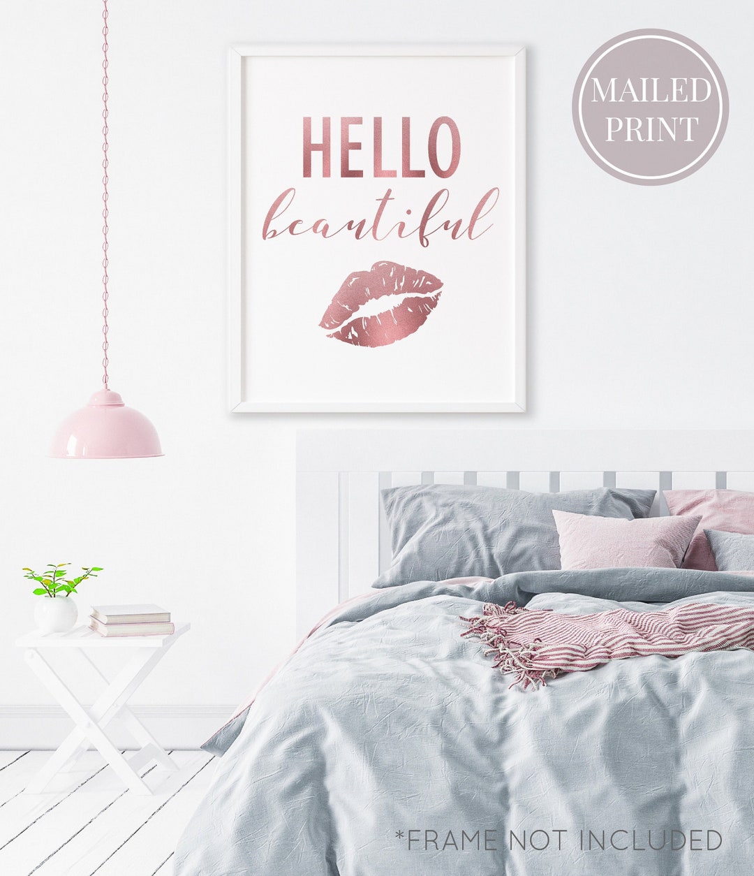 Hello Beautiful Rose Gold Wall Decor Mailed Print, Bedroom Art ...