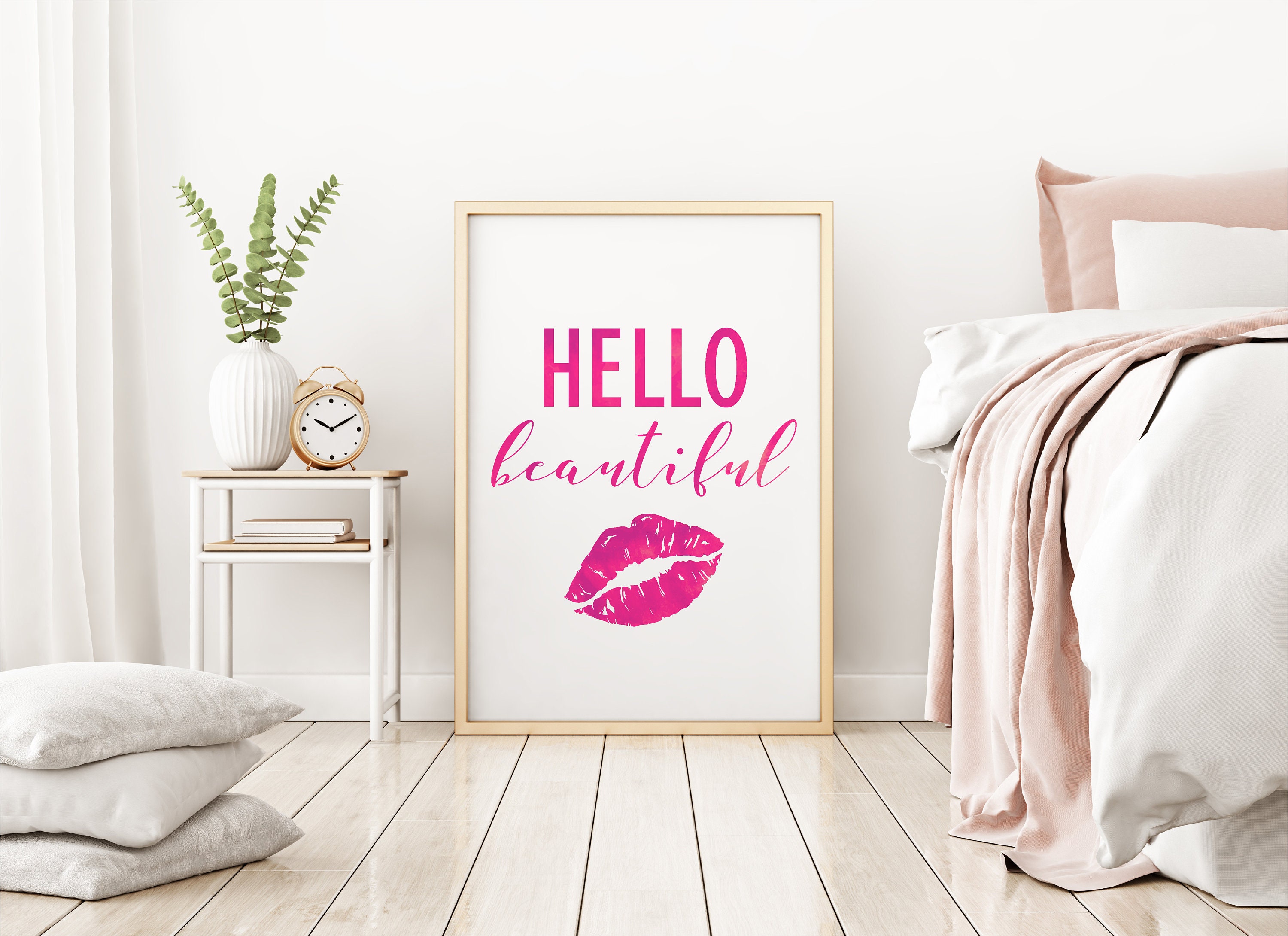 Hello Beautiful Printable Hot Pink Watercolor Lips Wall Art - Etsy