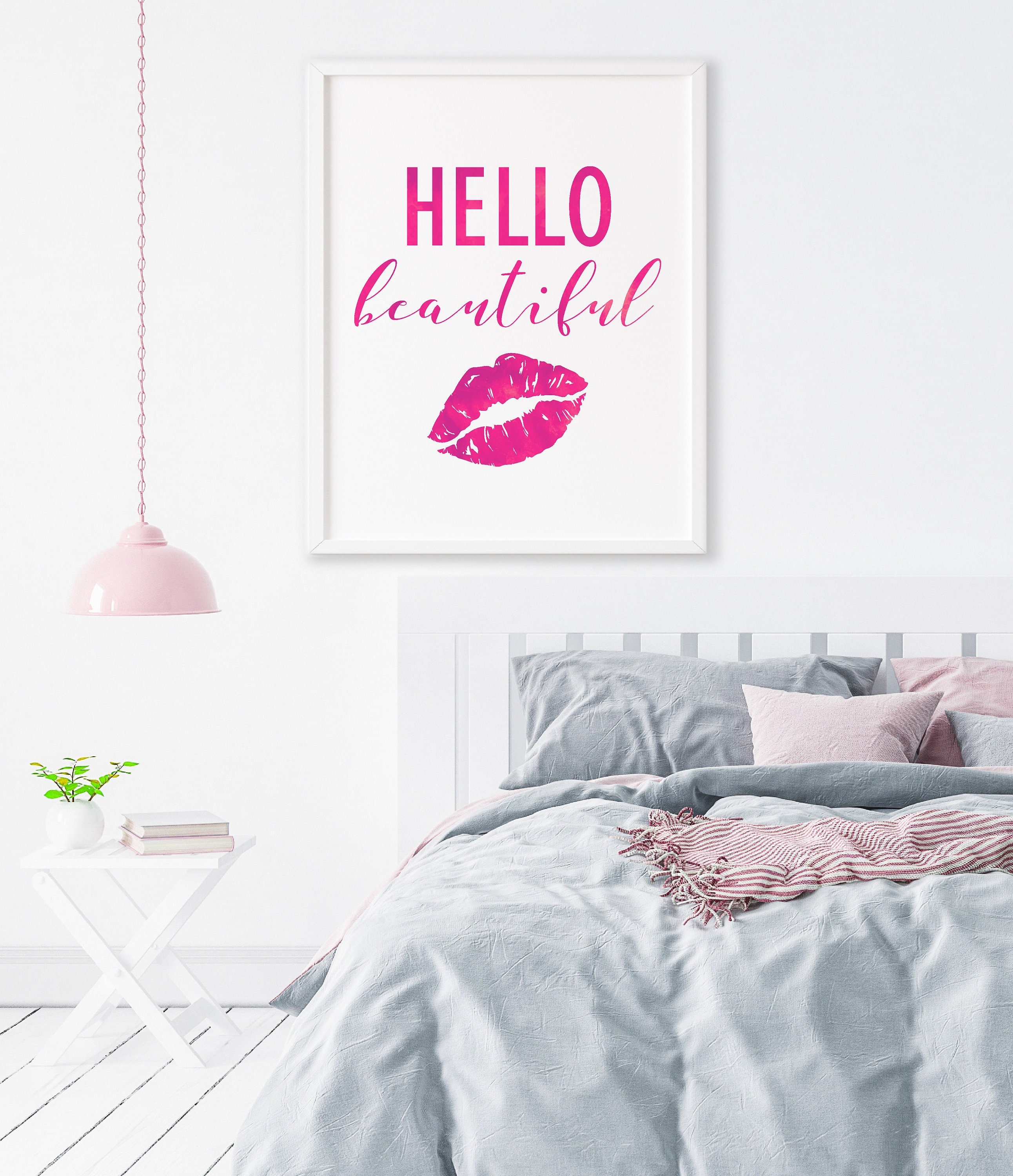 Hello Beautiful Printable Hot Pink Watercolor Lips Wall Art - Etsy