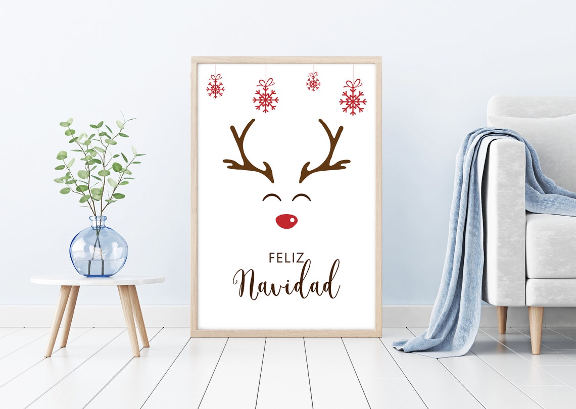 Feliz Navidad Reno, Cute Christmas Reindeer Poster, Xmas Print, Holiday ...