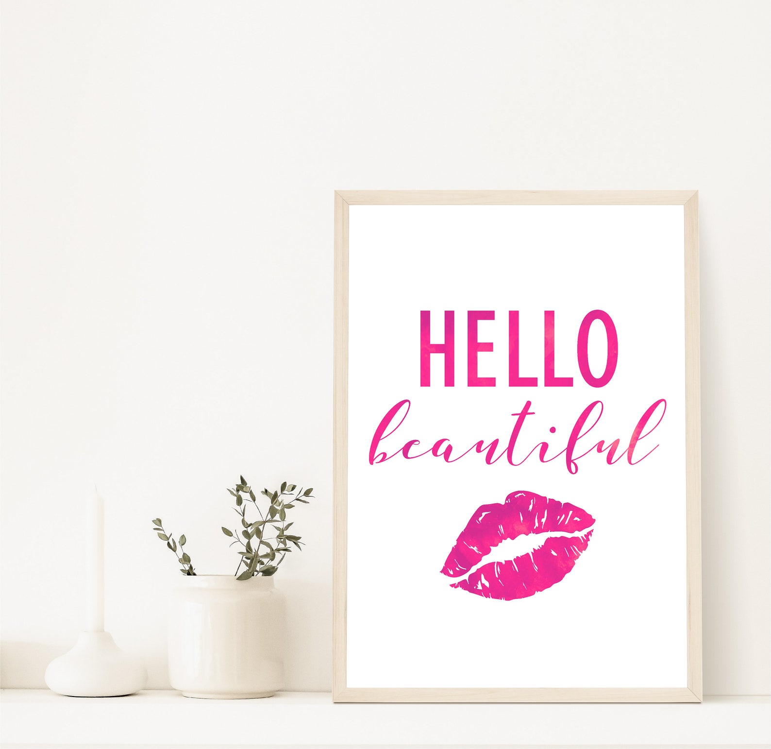 Hello Beautiful Printable Hot Pink Watercolor Lips Wall Art - Etsy