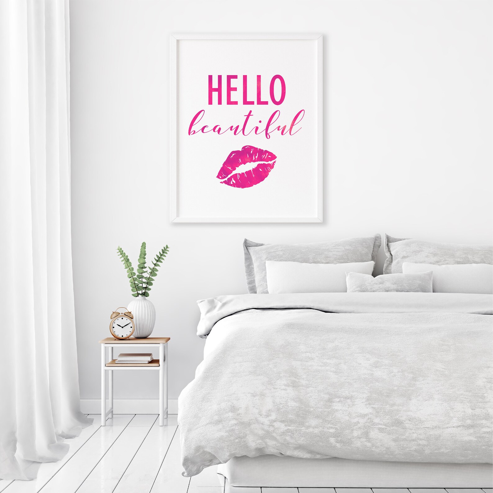 Hello Beautiful Printable Hot Pink Watercolor Lips Wall Art - Etsy