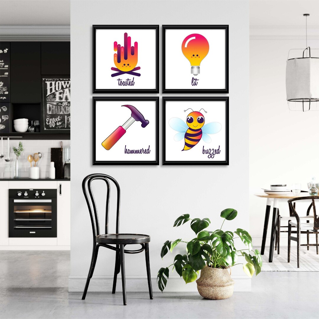Bar Decor Kitchen Posters Set of 4 Buzzed Lit Hammered Toasted ...