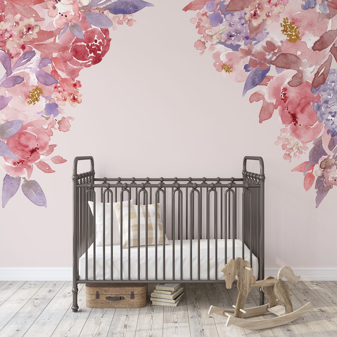Removable Floral Corners Wall Decals | PRIM PINK Flowers Watercolor ...