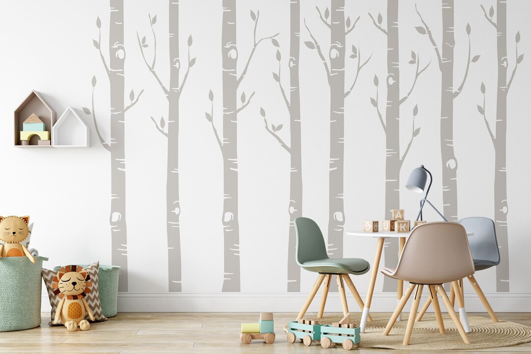 Woodland Nursery Decor 8 Birch Trees Forest Wall Decal Neutral Boy Girl ...