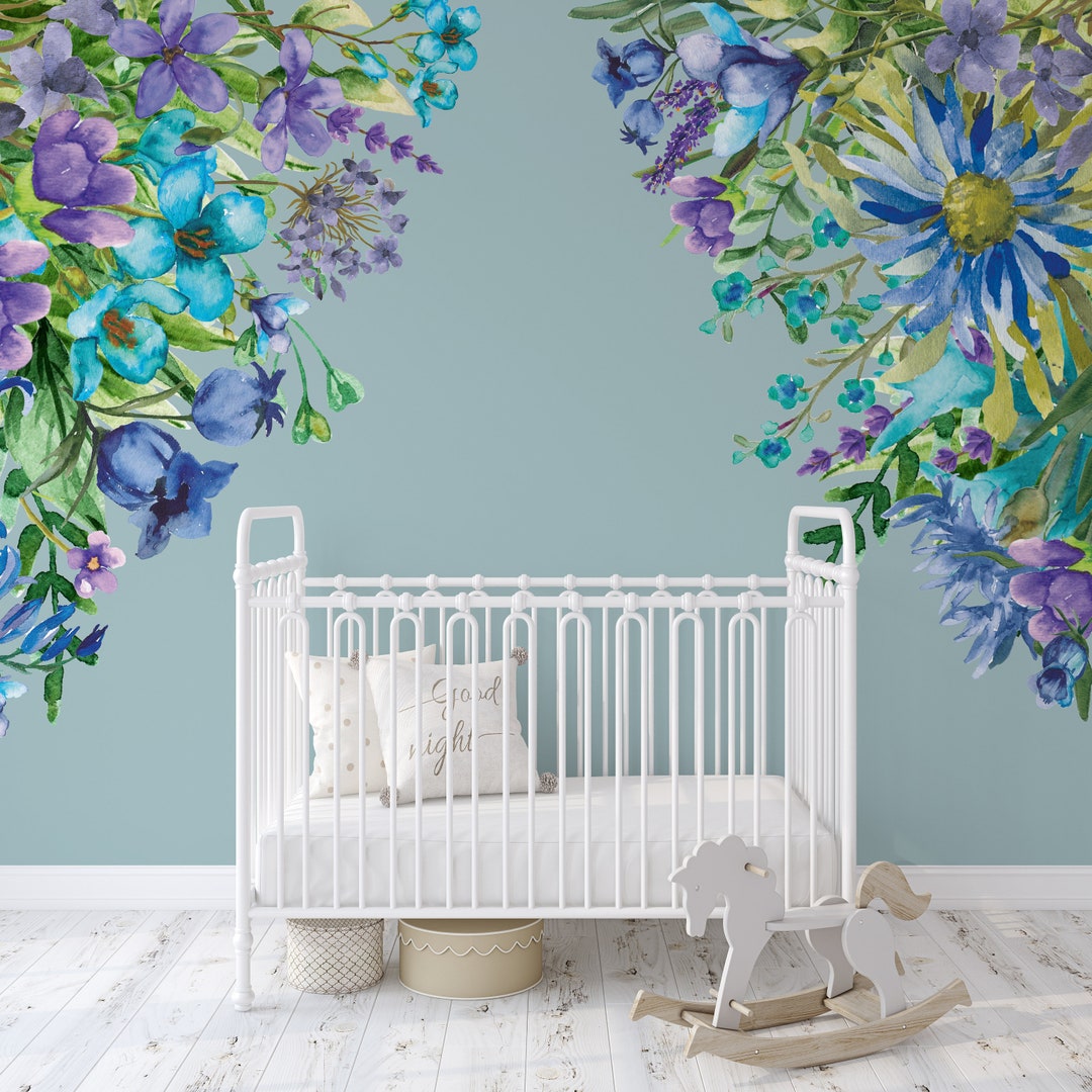 WILD BLUE Wall Decal Corners Flowers Bouquet Girl Floral Nursery Décor ...
