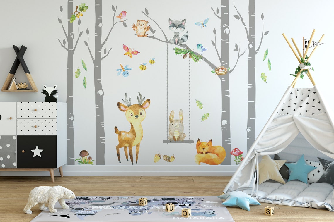 Forest Trees Woodland Nursery Decor 4 Birch Trees + Swing Forest ...
