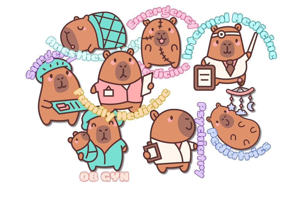 Set of 8 Capybara Medical School Rotations Stickers, Pediatrics Surgery ...