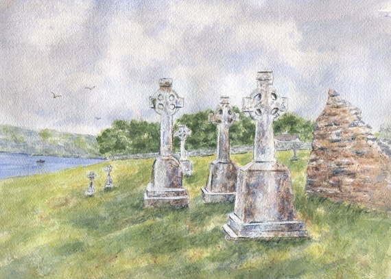 Clonmacnoise Celtic Crosses Irish Cross Watercolor Print or - Etsy