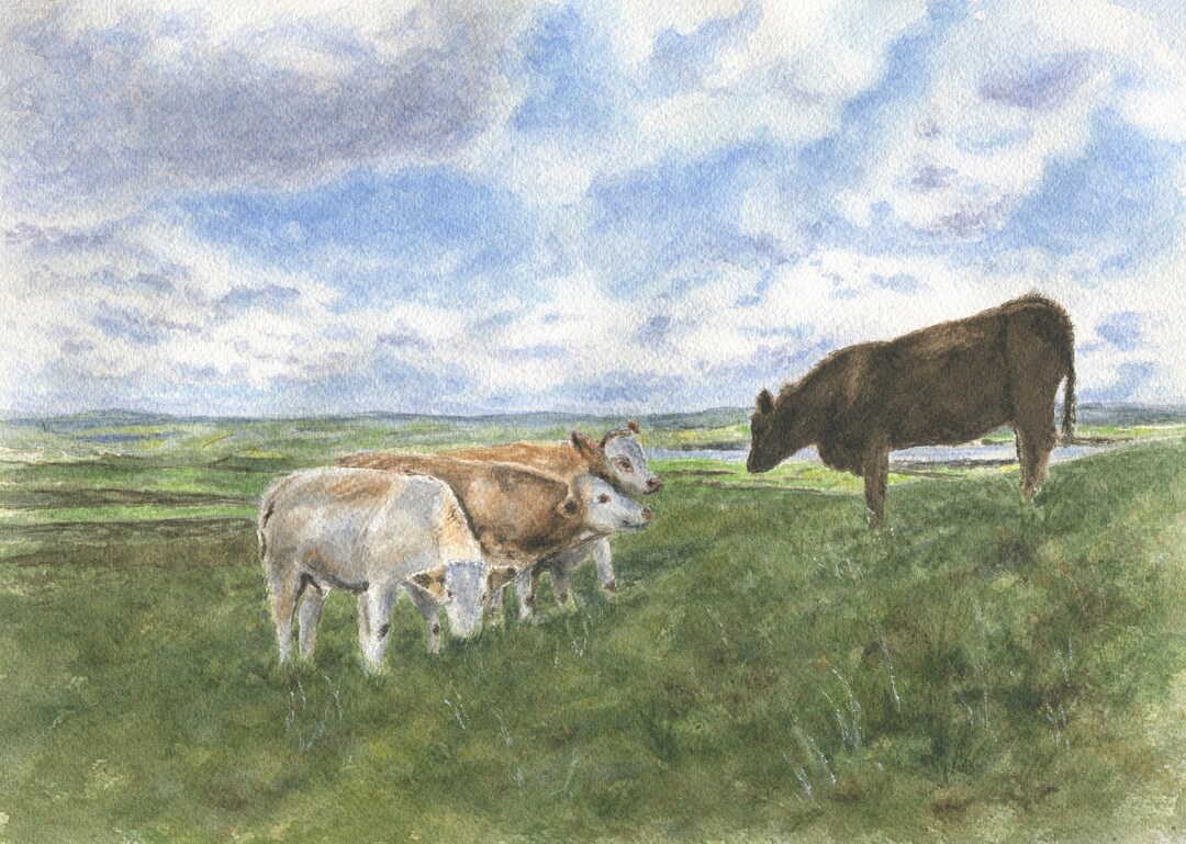 Irish Cows Painting Ireland Landscape Painting Ireland Watercolor Print ...