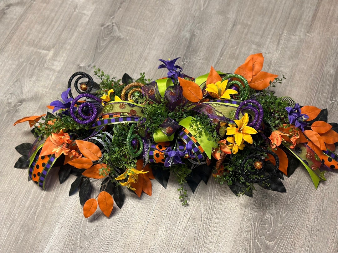 Halloween Centerpiece Arrangement, Whimsical Purple and Orange Vertical ...