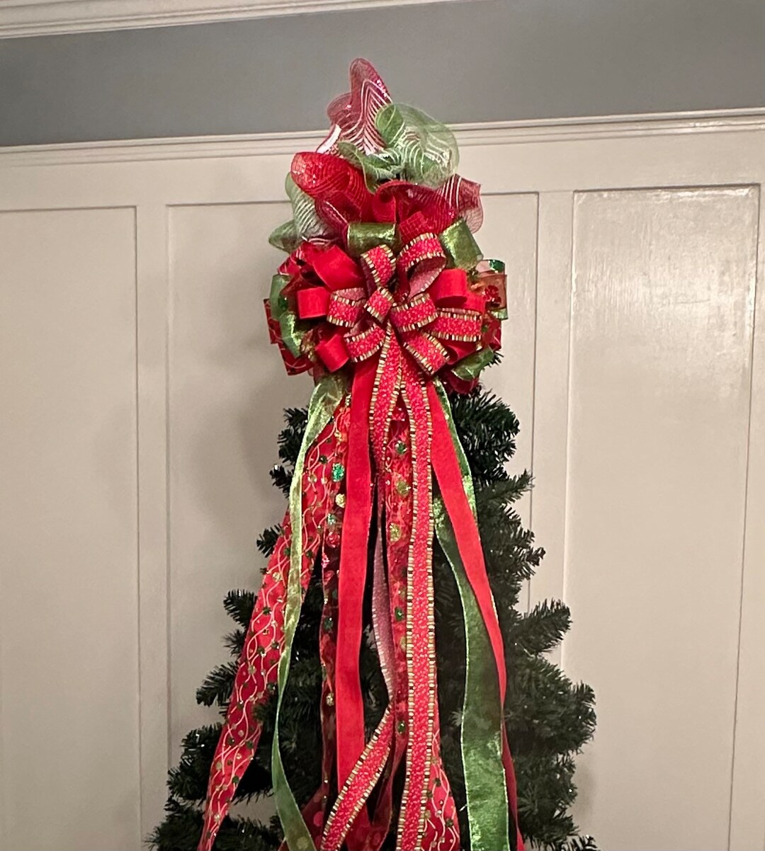 Christmas Tree Topper Bow, Whimsical Red and Lime Green Tree Topper Bow ...