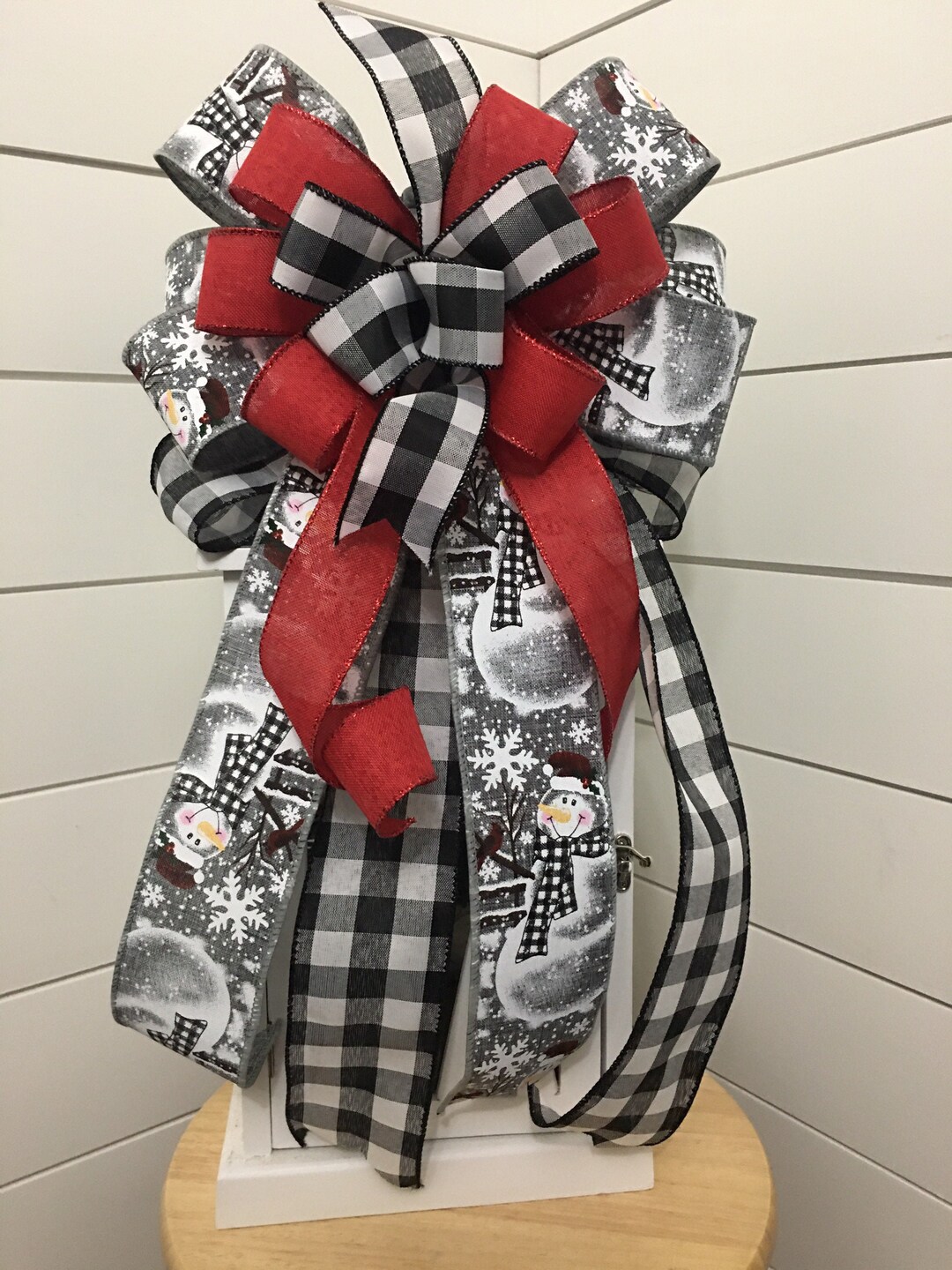Snowman Christmas Bow, Buffalo Check Lantern or Wreath Bow, Holiday ...